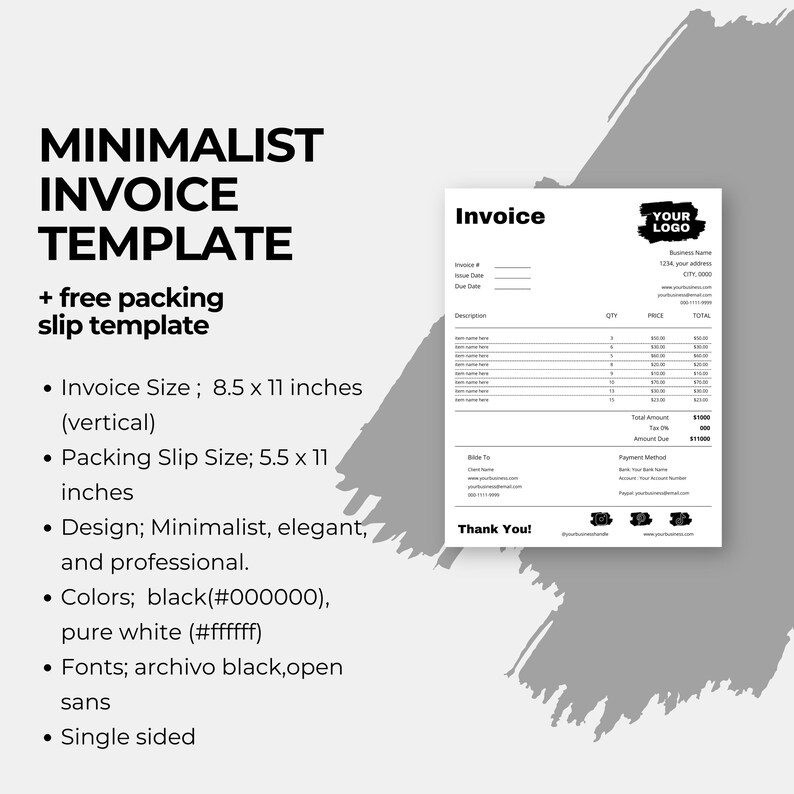 Printable Invoice Template With Packing Slip Minimalist Invoice ...