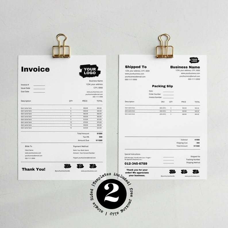 Printable Invoice Template With Packing Slip Minimalist Invoice ...