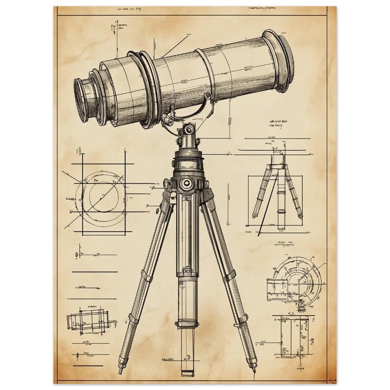 Classic Telescope Blueprint Poster Hand-drawn Vintage Optical ...