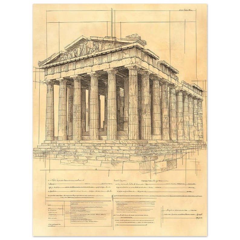 Parthenon Blueprint Poster | Hand-drawn Classical Greek Architecture Sketch | Vintage Wall Art ...