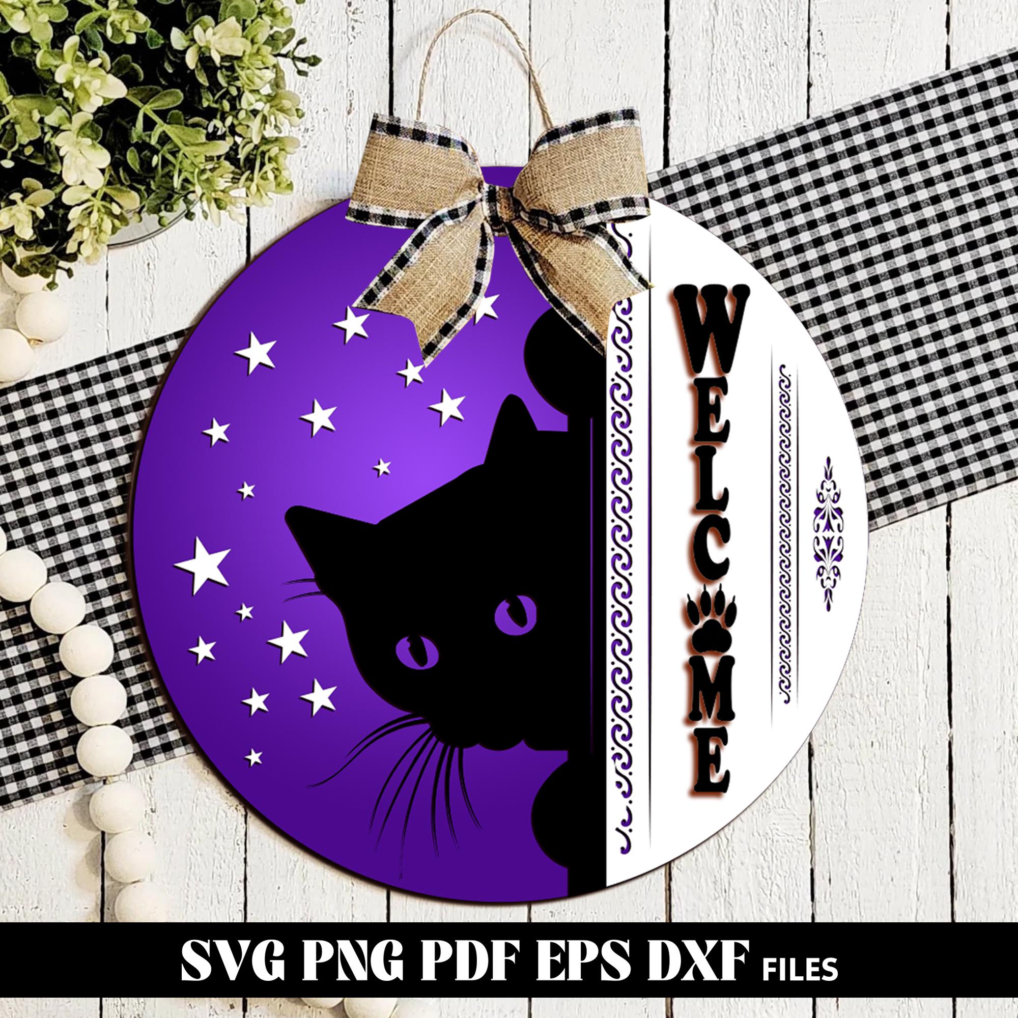 Black Cat Door Hanger Laser Cut, Welcome Sign SVG, Laser Cut Files ...