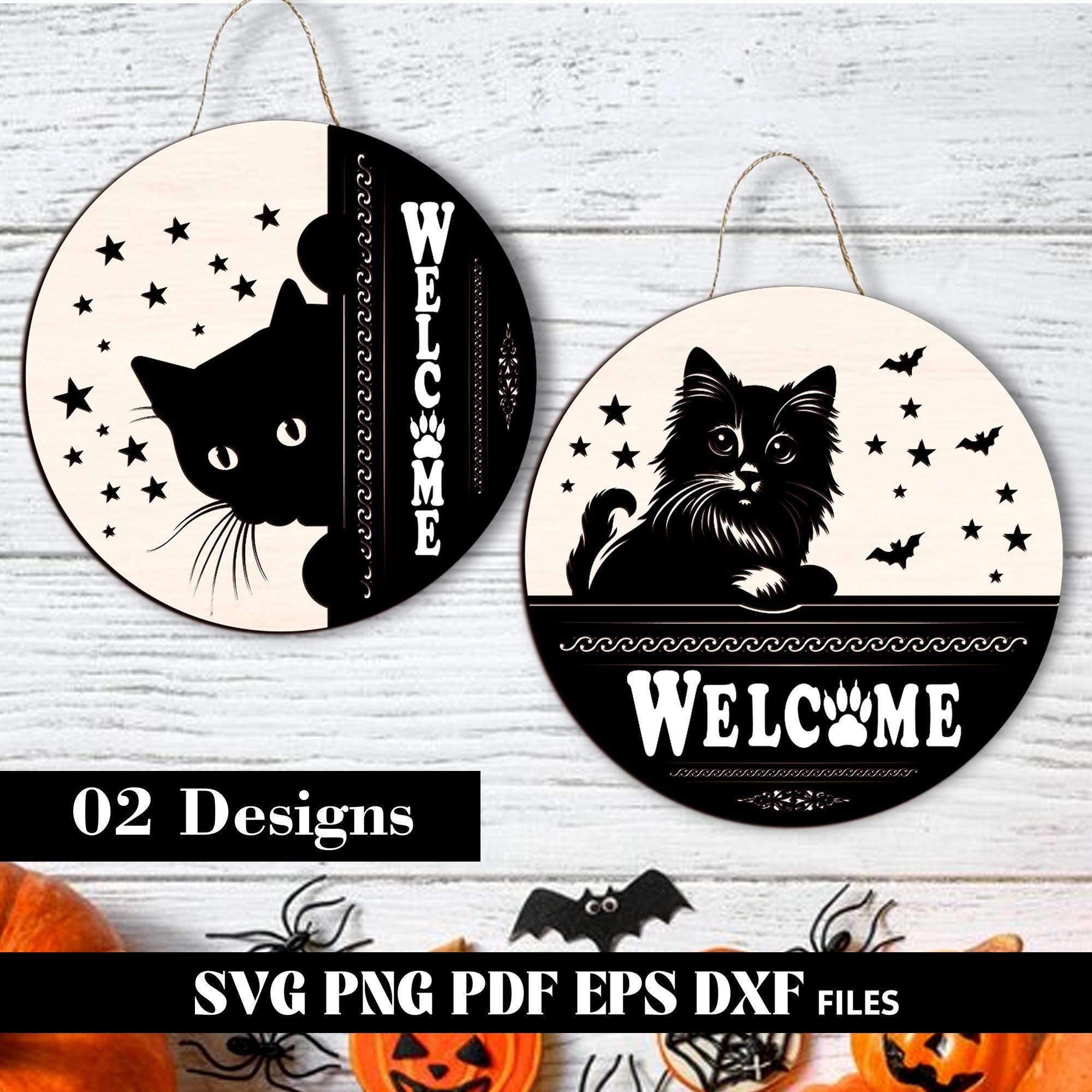 Black Cat Door Hanger Laser Cut, Welcome Sign SVG, Laser Cut Files ...