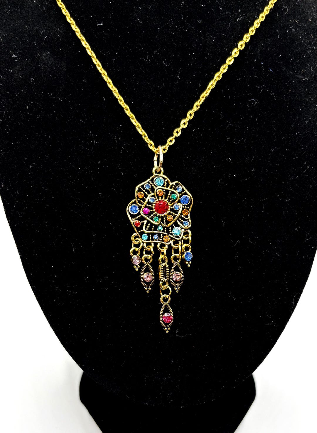 Handemade Antique Vintage Mutil-colored Dangle Rose Bud Necklace Gold ...
