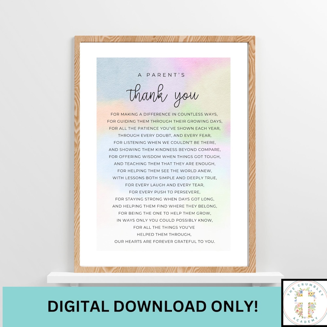 Parents Thank You Digital Printable Teacher Wall Art Letter Daycare ...