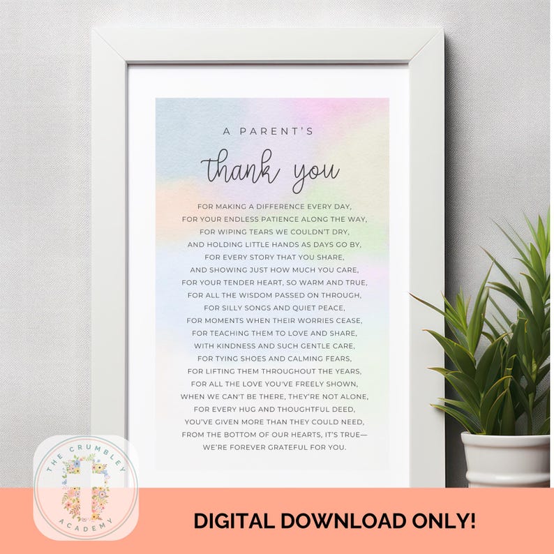 Parents Thank You Poem Art Print, Teacher Appreciation Gift (digital ...