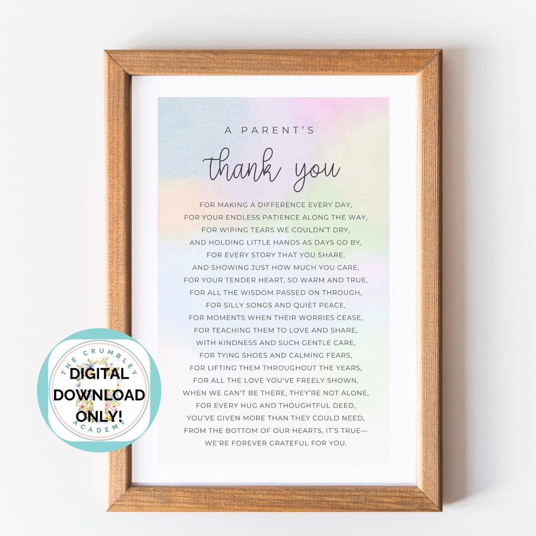 Parents Thank You Digital Printable Teacher Wall Art Letter Daycare ...