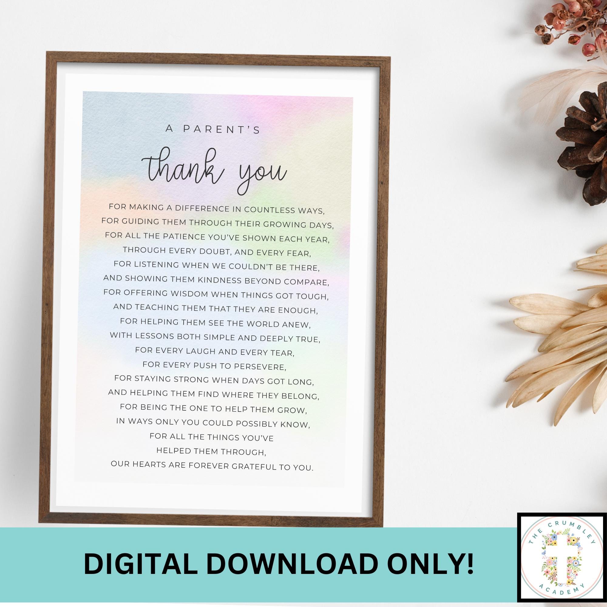 Parents Thank You Digital Printable Teacher Wall Art Letter Daycare ...