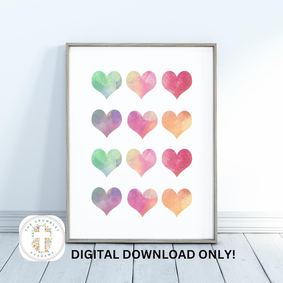 Rainbow Hearts Print Watercolor Digital Pattern Download Wall Art ...