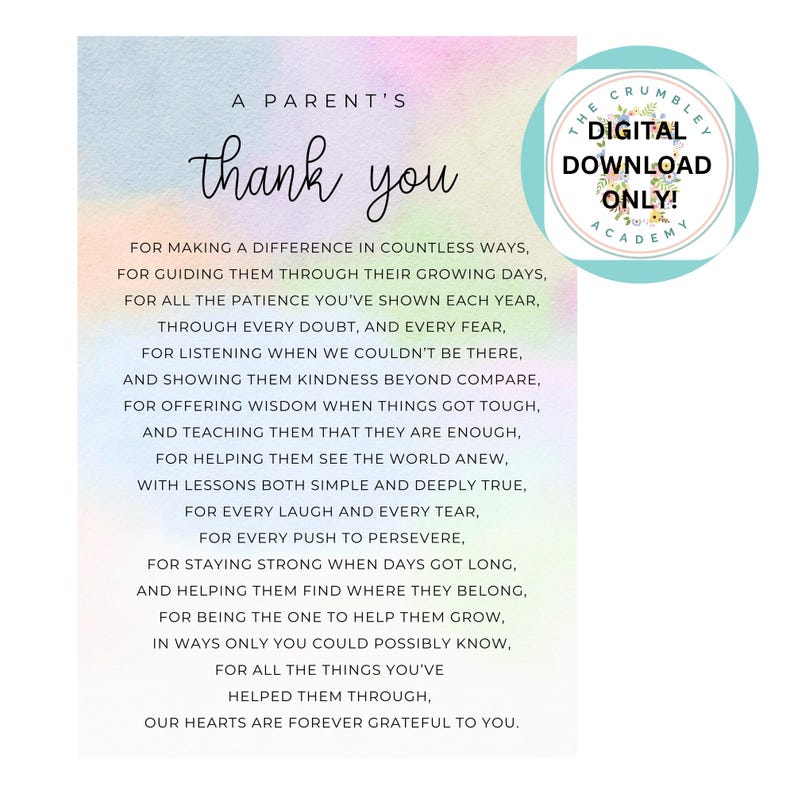 Parents Thank You Digital Printable Teacher Wall Art Letter Daycare ...