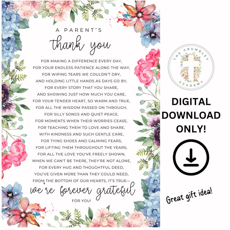 Parent Thank You Art Print, Teacher Appreciation Gift (digital Download ...