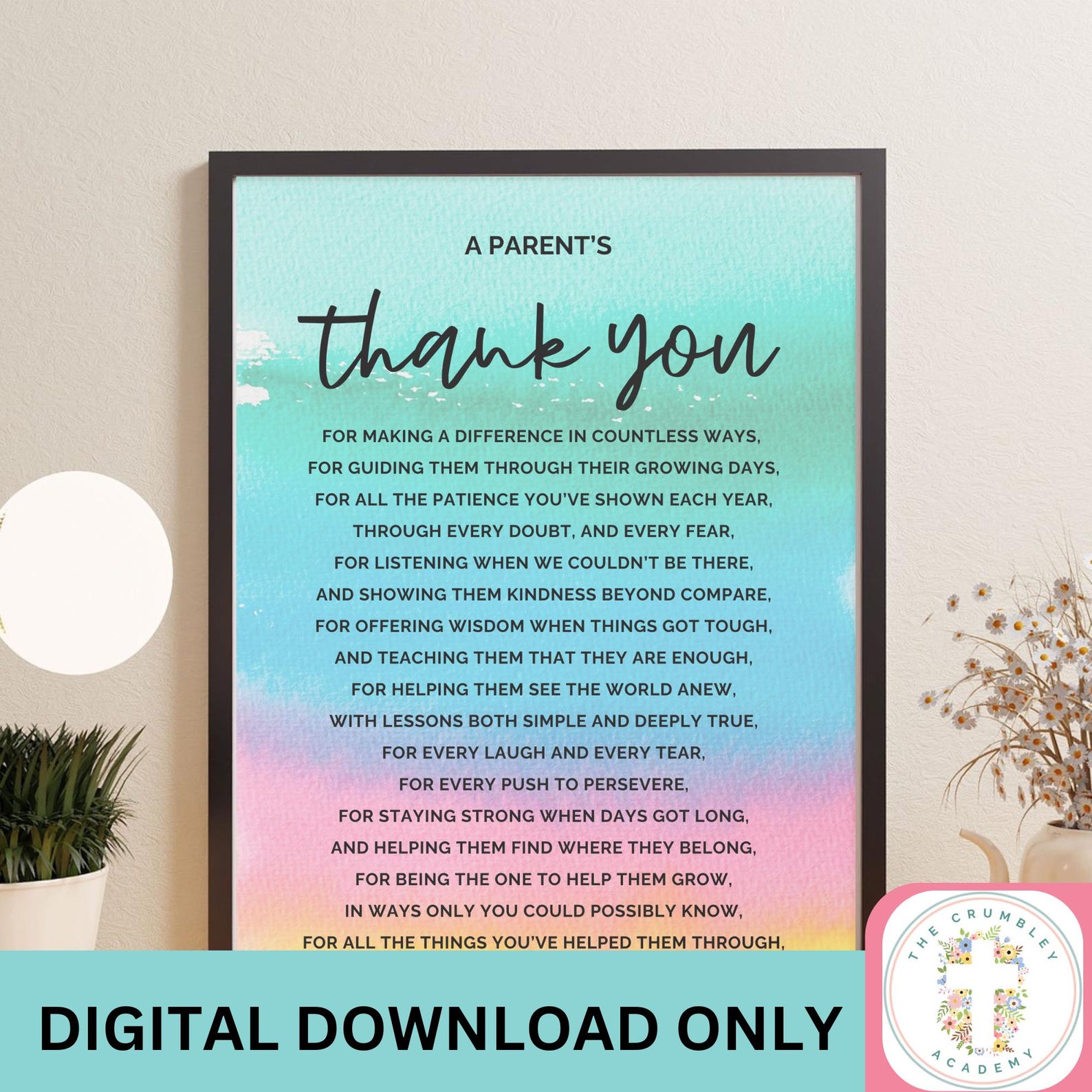 Parents Thank You Digital Printable Teacher Wall Art Letter Daycare ...