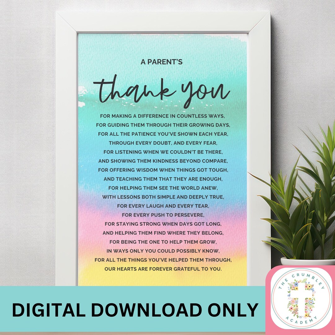 Parents Thank You Digital Printable Teacher Wall Art Letter Daycare ...