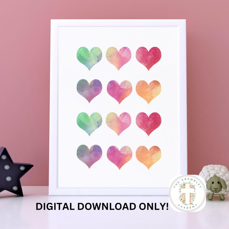 Rainbow Hearts Print Watercolor Digital Pattern Download Wall Art ...