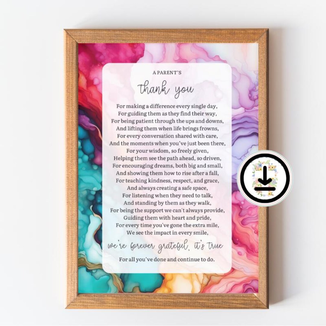 Parent Thank You Poem Art Print, Teacher Appreciation (digital Download ...