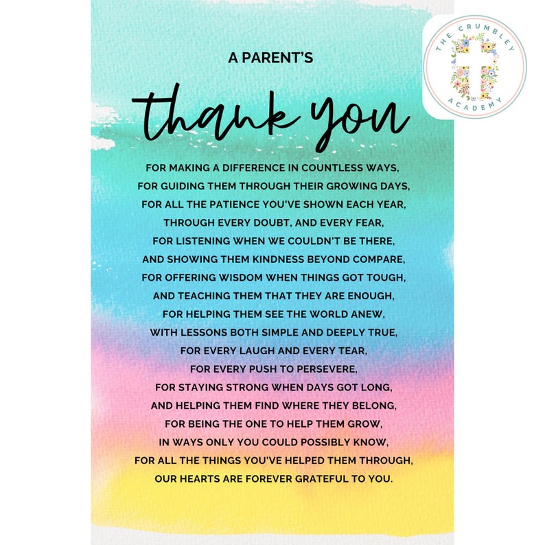 Parents Thank You Digital Printable Teacher Wall Art Letter Daycare ...
