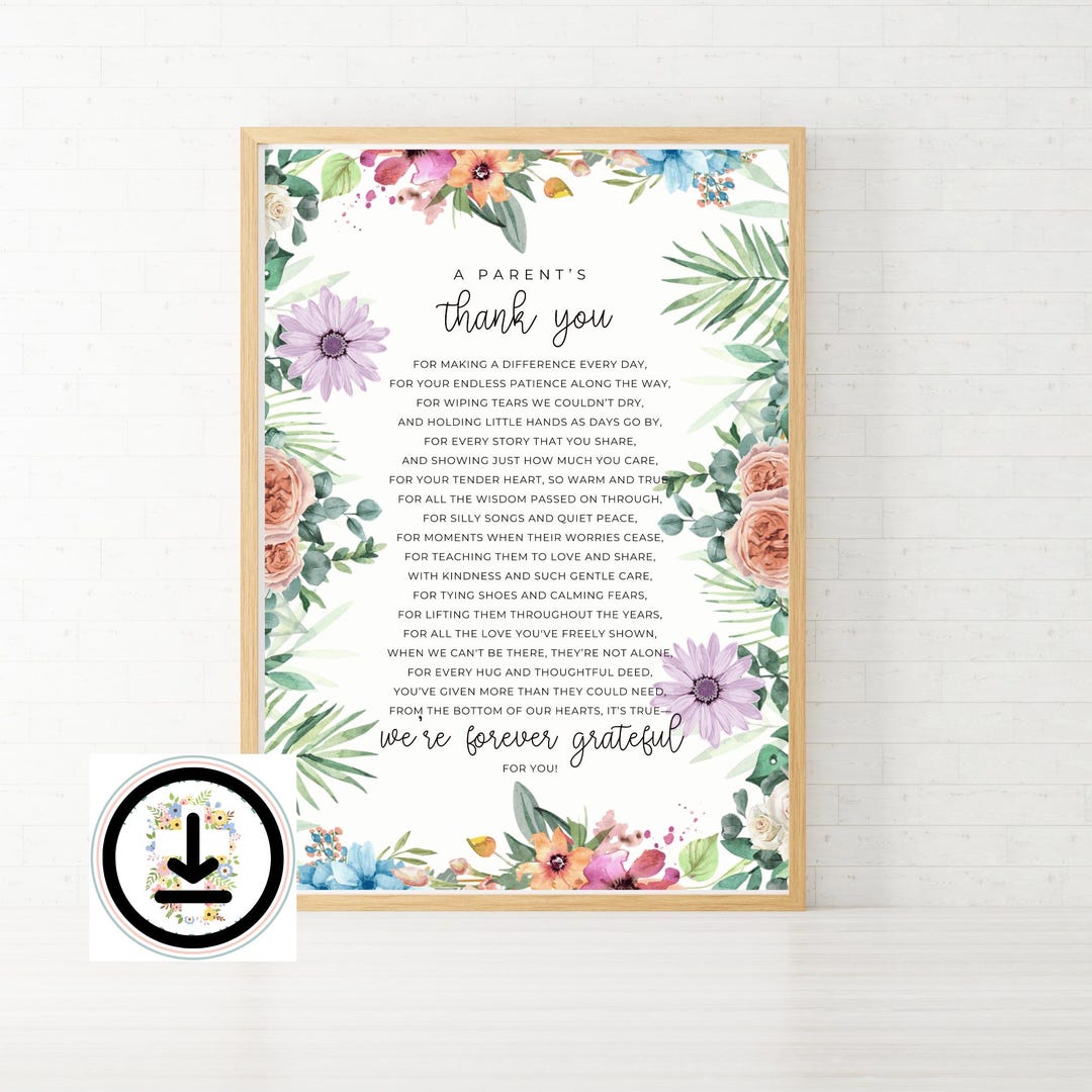 Floral Parent Thank You Digital Printable Teacher Wall Art Letter ...