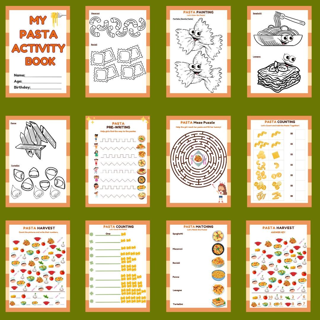 20 PAGES Downloadable Pasta Activities for Kids Digital Kids Activity ...