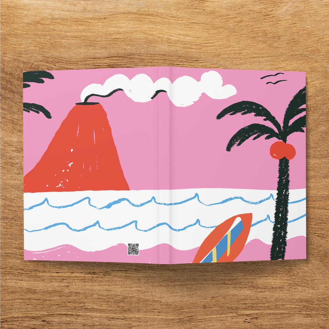 Colorful Beach Palm Tree Notebook, Pink Coastal Journal With Surfboard ...