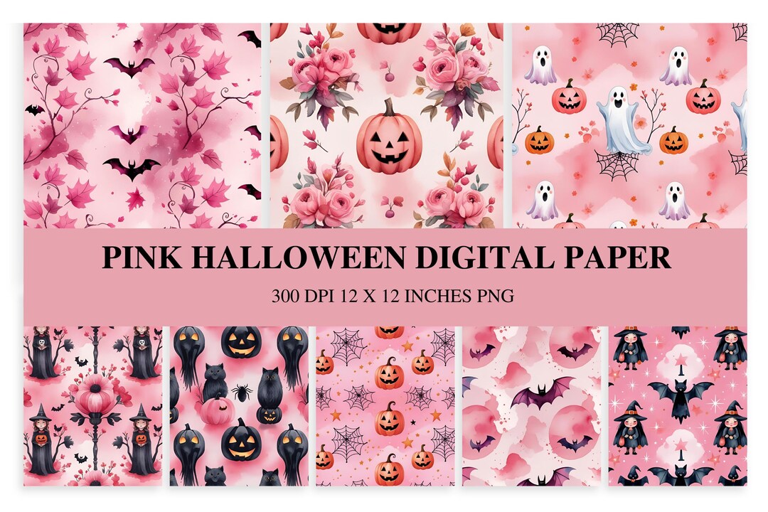 Pink Halloween Digital Paper Seamless Pattern, Cute Spooky Background ...