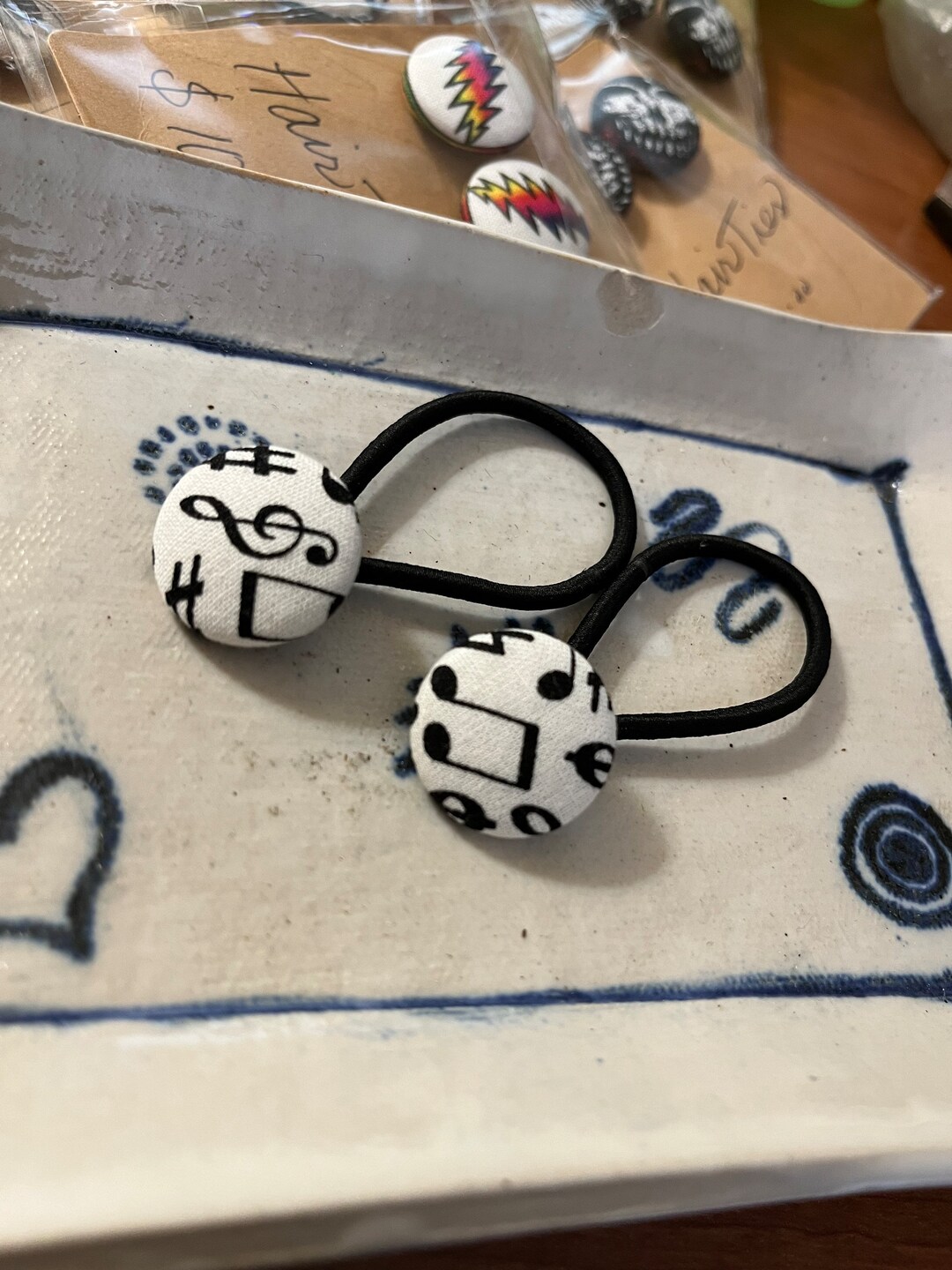 Music Note Fabric Covered Button Hair Tie Set Thin Hair, Long Beads ...