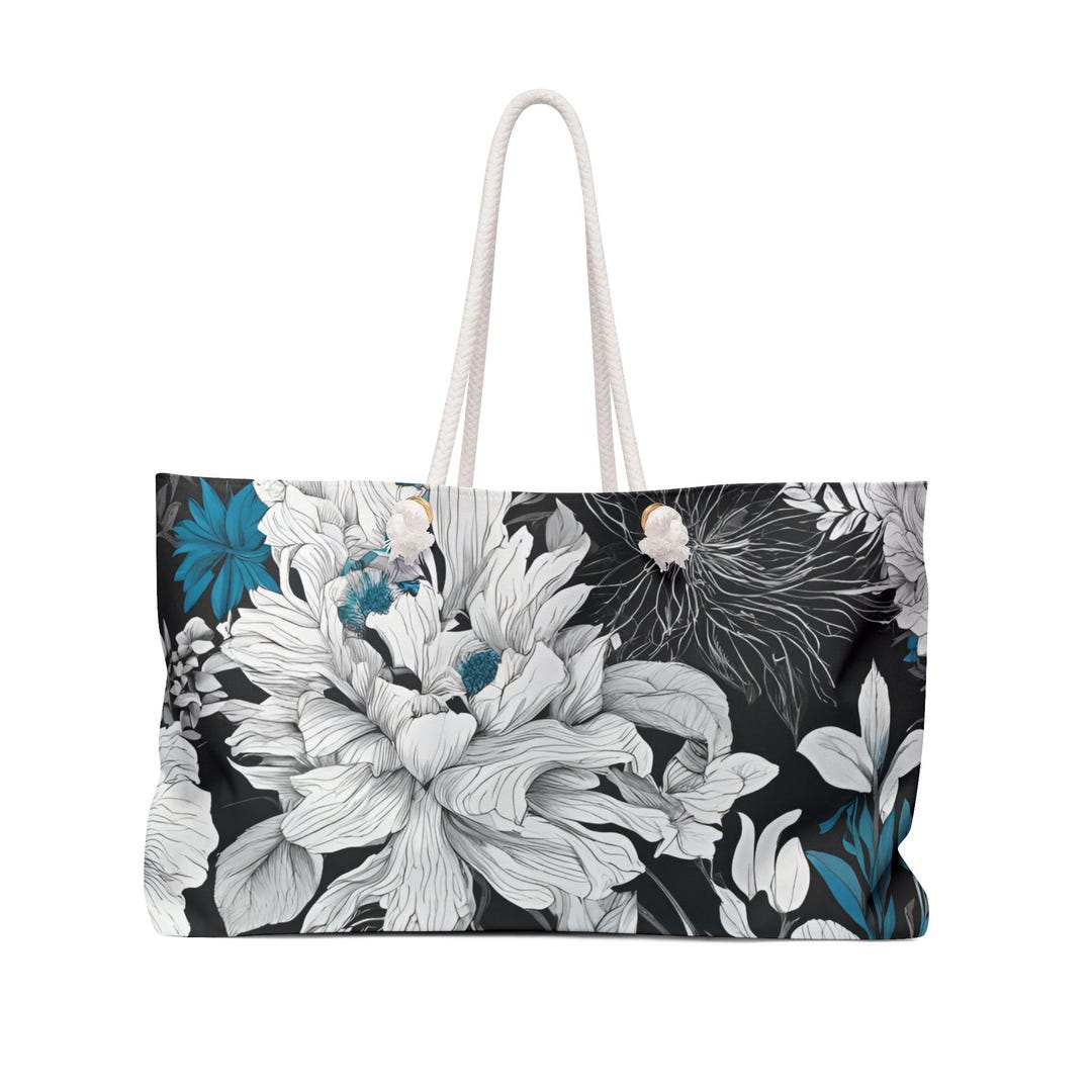 Floral Weekender Bag, Black White Blue Weekend Travel Duffle, Large ...