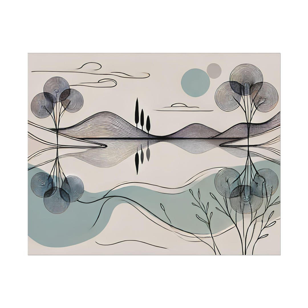 Minimalist Lake View Line Art Poster Print, Neutral Tones Landscape ...