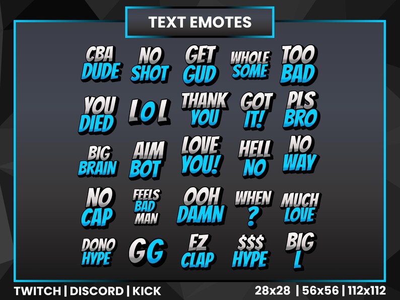 50 Grey & Blue Text Emotes for Twitch, Discord, Kick (PNG Digital ...