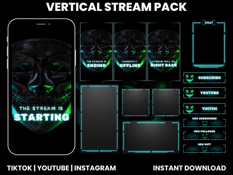 Neon Hacker Mask Vertical Stream Pack | Cyberpunk Twitch Overlay ...