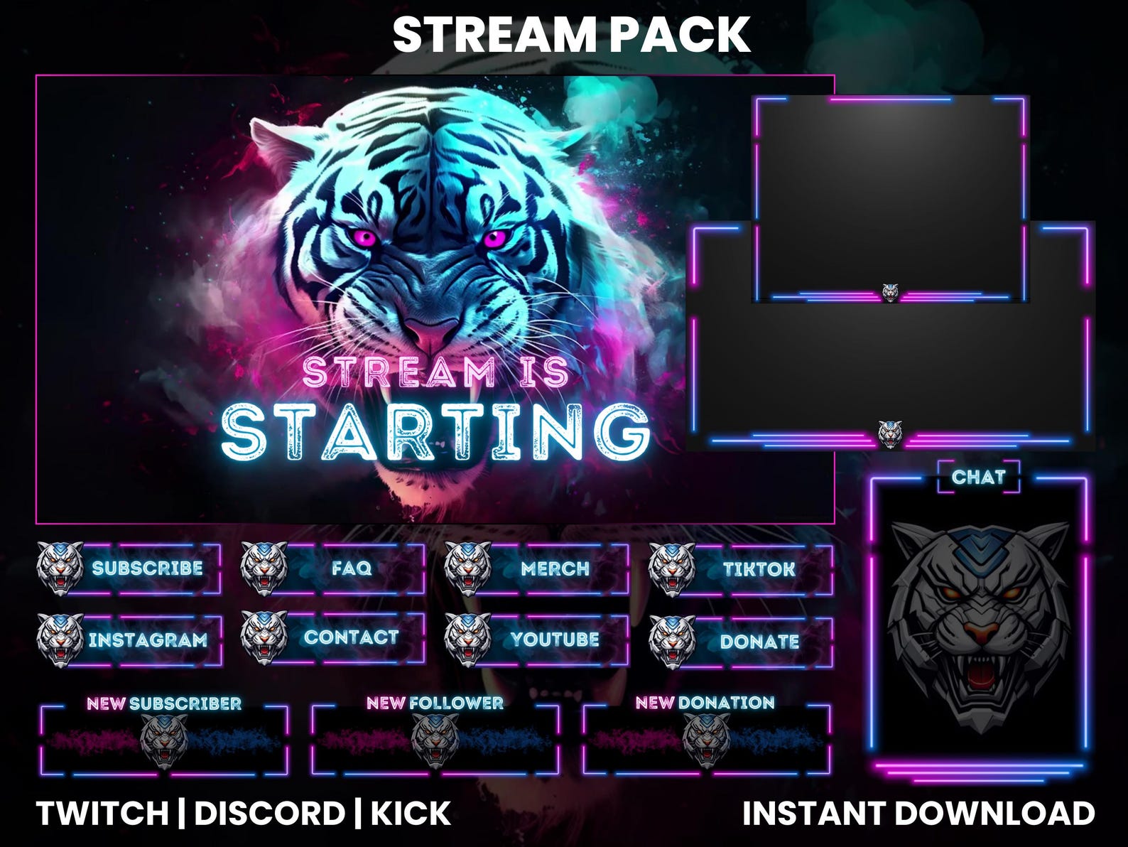 Neon White Tiger Twitch Stream Pack | Twitch Screen Overlay | Twitch ...