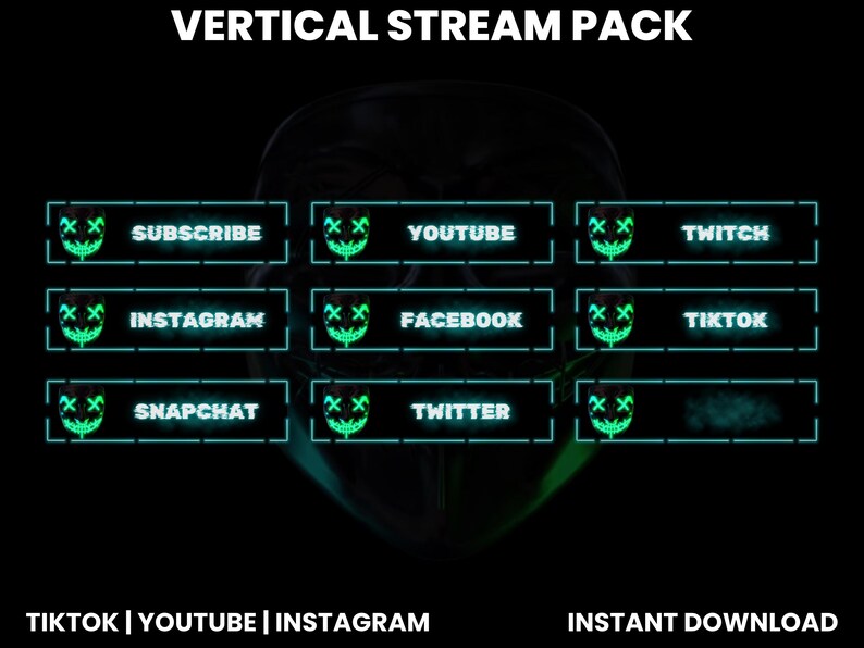 Neon Hacker Mask Vertical Stream Pack | Cyberpunk Twitch Overlay ...