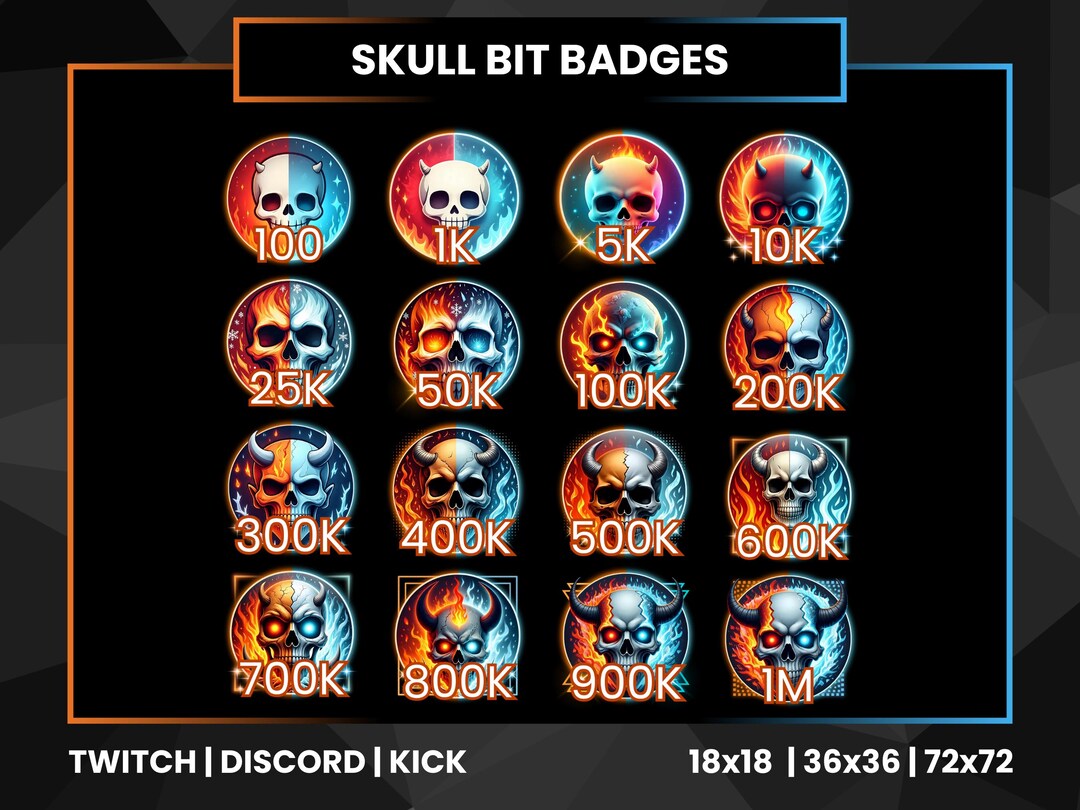 Skull Bit Badges for Twitch, Discord, Kick | Fire & Ice Skull Emotes ...