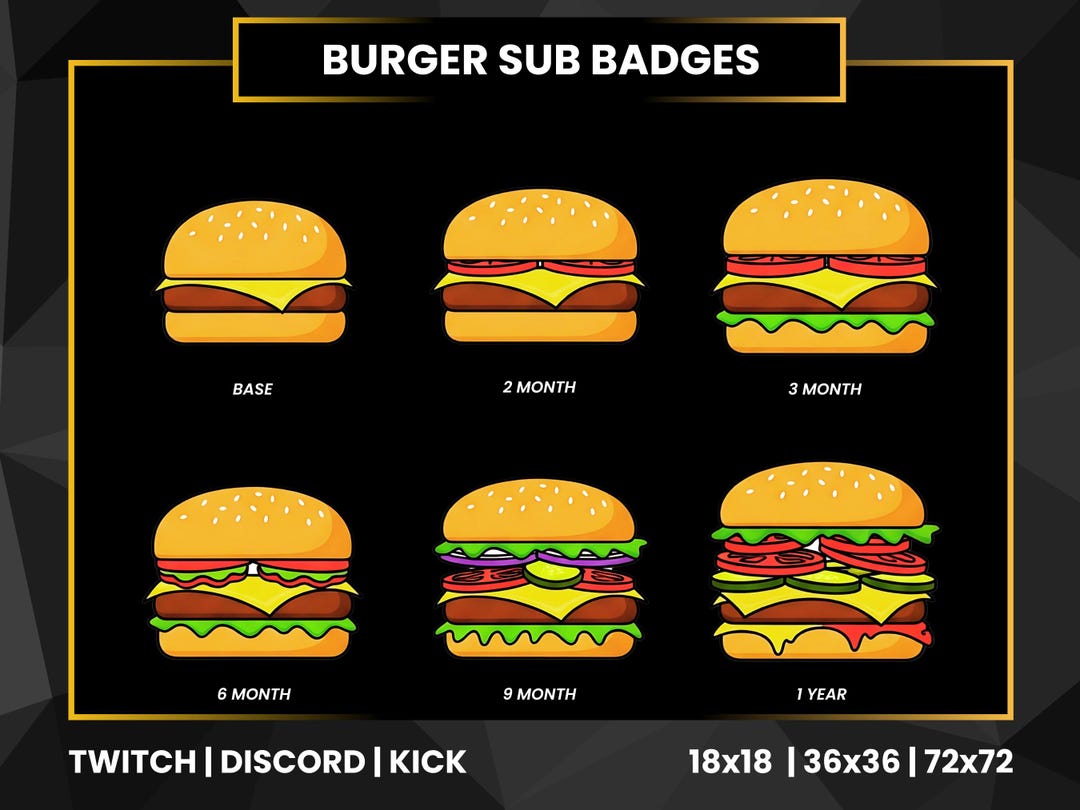 Burger Twitch Sub Badges | Cute Food-themed Bit Badges for Stream ...