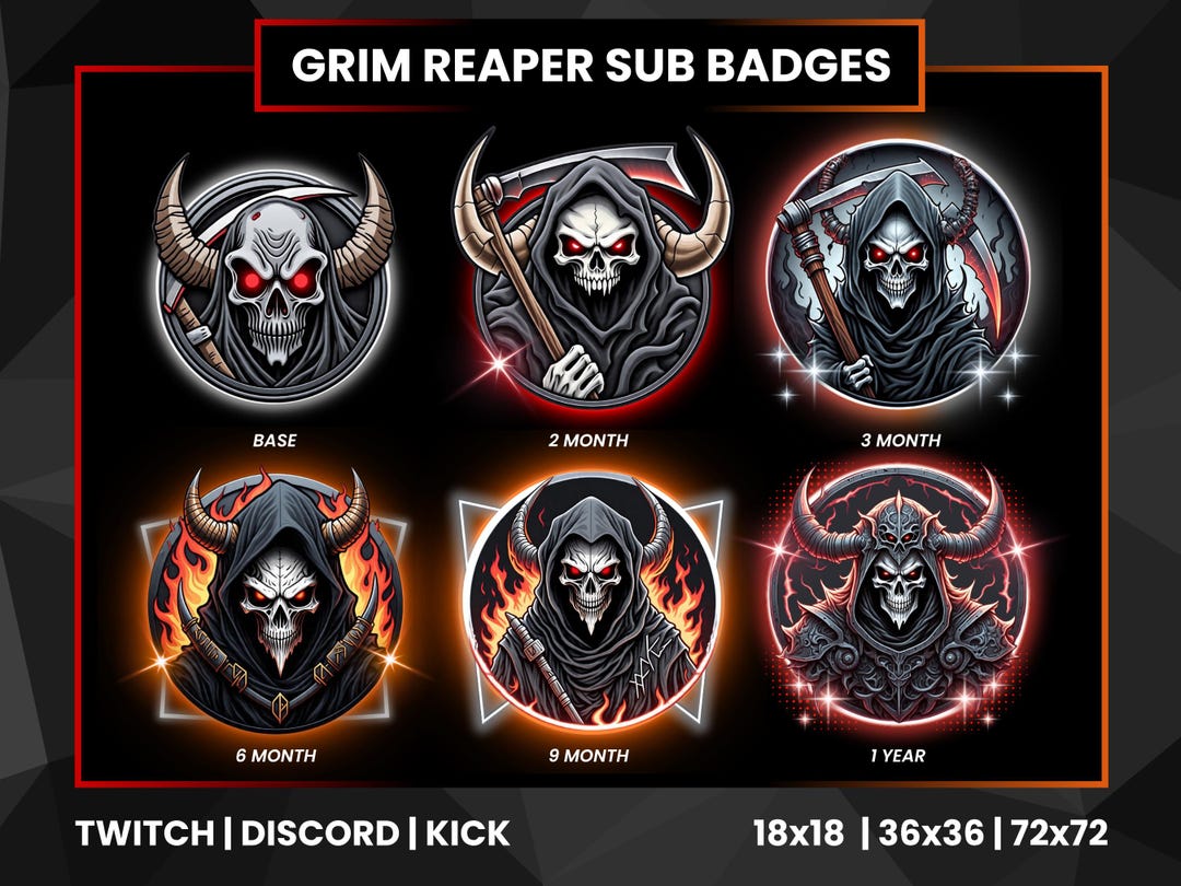 Grim Reaper Twitch Sub Badges | Bit Badges Twitch | Reaper Skull Badges ...