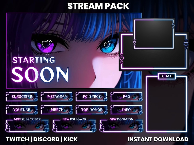Anime Girl Stream Overlay Pack for Twitch, Youtube, Kick | Animated ...