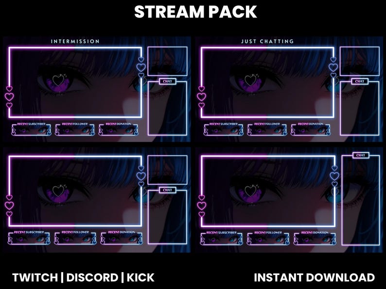 Anime Girl Stream Overlay Pack for Twitch, Youtube, Kick | Animated ...