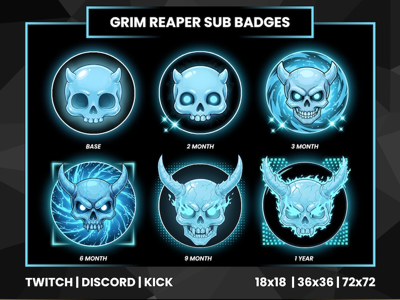 Grim Reaper Skull Sub Badges | Blue Skull Twitch Badges | Streamer ...