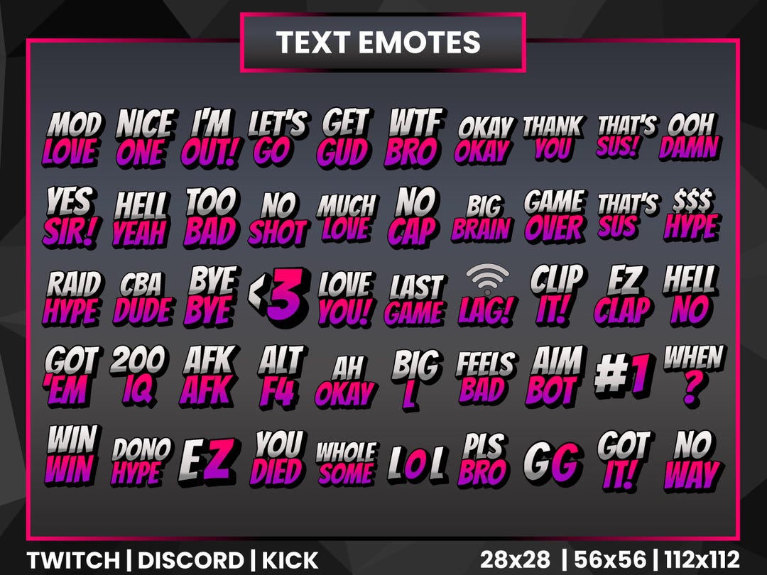 50 Text Emotes | Neon Pink and Purple Gradient Text Emotes | Twitch ...