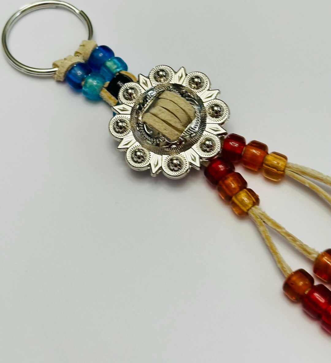 Retro SW Style Silver Concho Keychain, Leather, Glass Pony Beads, Suede ...