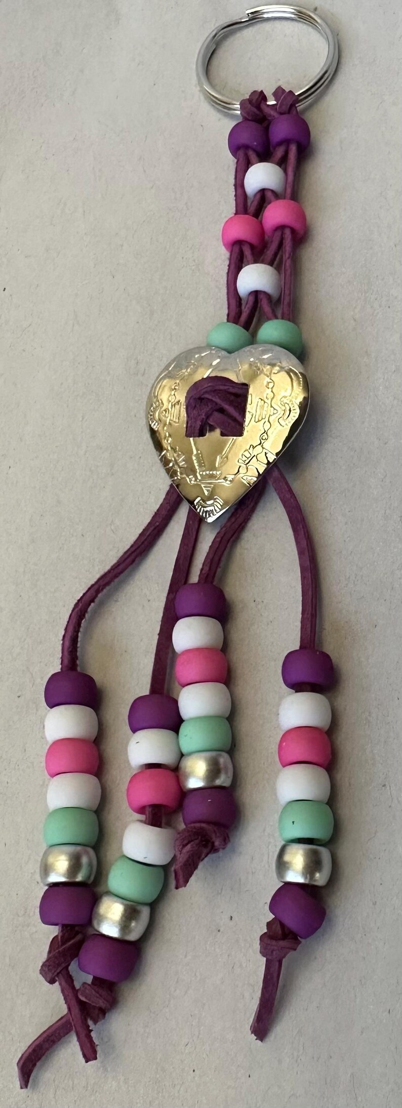 American Indian Style Keychain, Leather, Pony Beads, Concho, Suede Lace ...