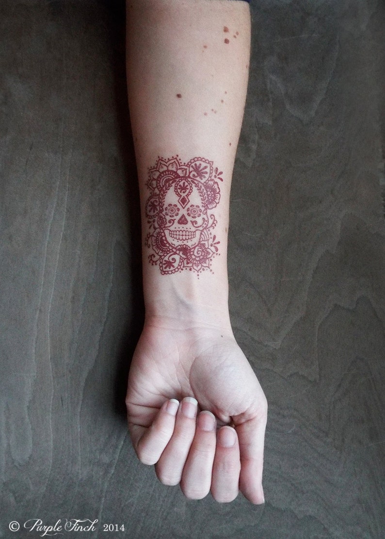 2 Temporary Henna Tattoos Sugar Skull Day of the Dead Día De - Etsy
