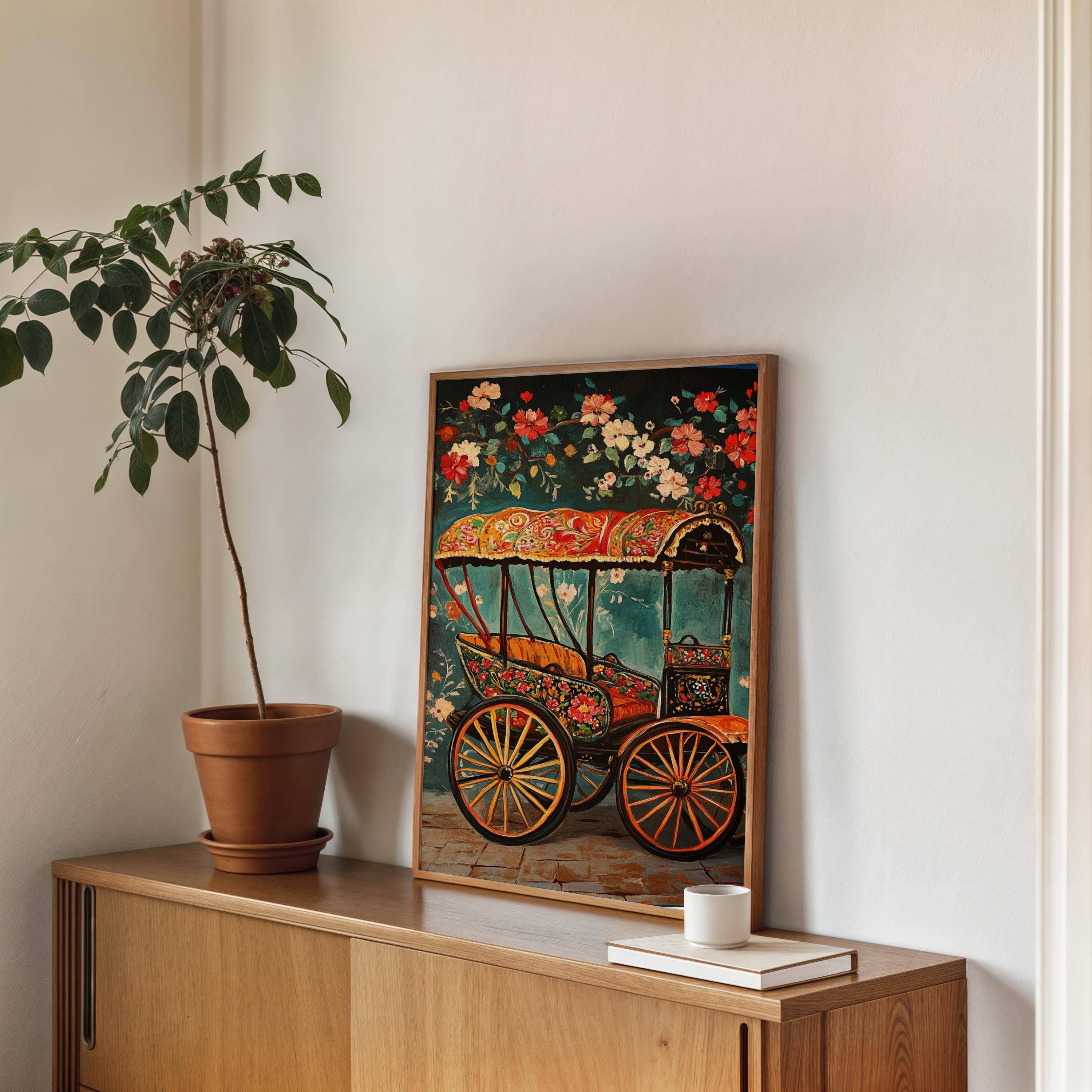 Vintage Floral Rickshaw Art Print | Traditional Cultural Illustration ...