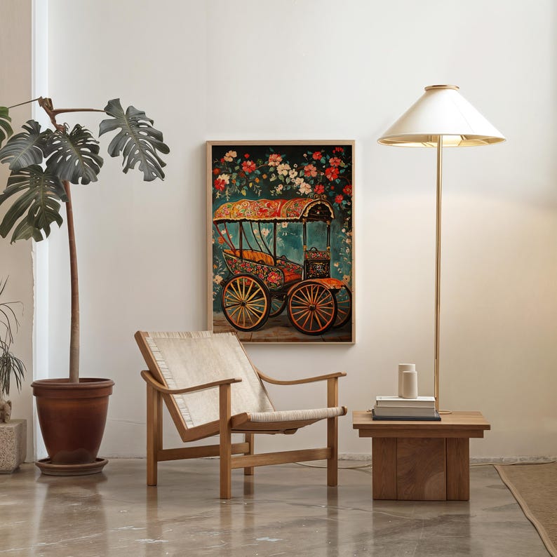 Vintage Floral Rickshaw Art Print | Traditional Cultural Illustration ...