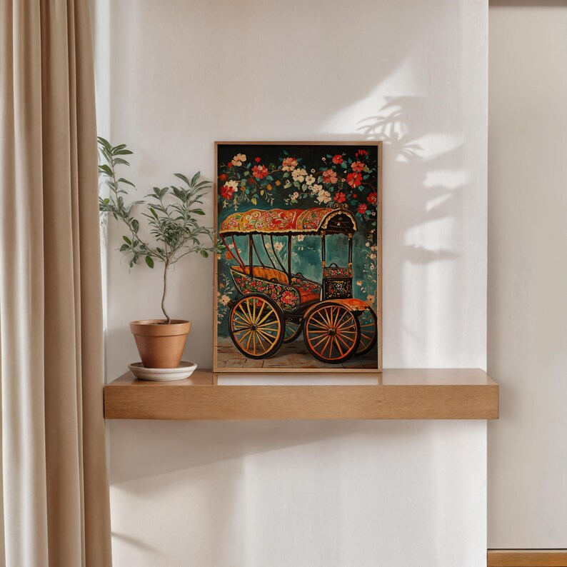 Vintage Floral Rickshaw Art Print | Traditional Cultural Illustration ...