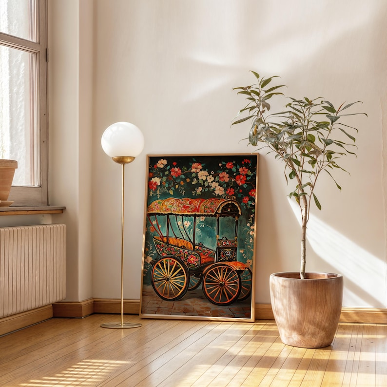 Vintage Floral Rickshaw Art Print | Traditional Cultural Illustration ...