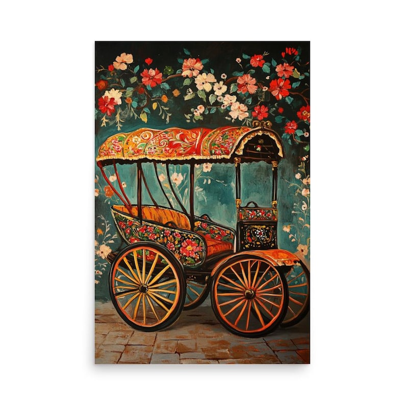 Vintage Floral Rickshaw Art Print | Traditional Cultural Illustration ...
