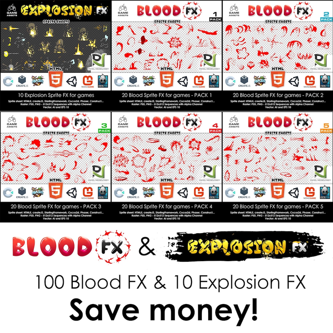 100 Blood Sprite Sheet FX & 10 Explosion Sprite Sheet FX - Etsy