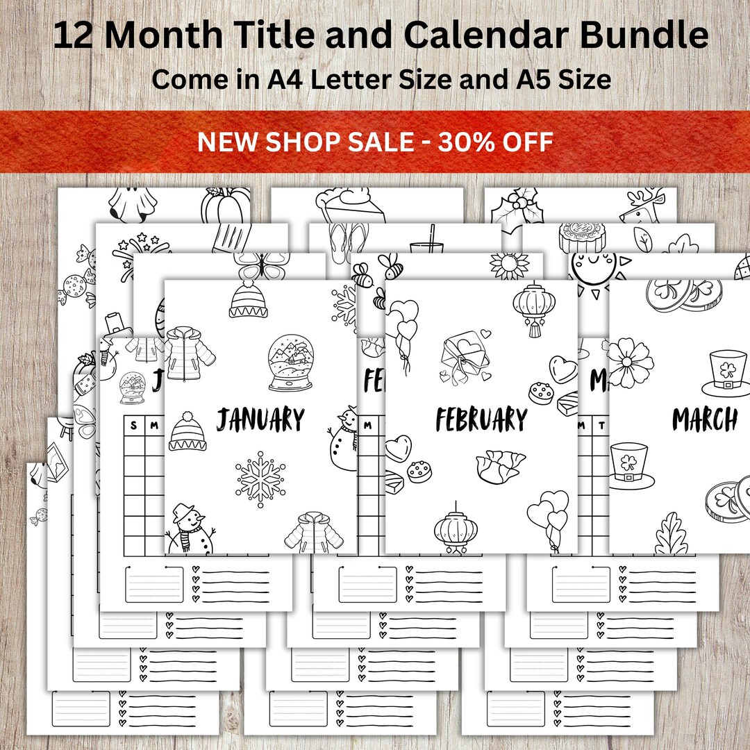 12 Month Title Page and 12 Month Calendar Bundle 12 Month Calendar 12 ...