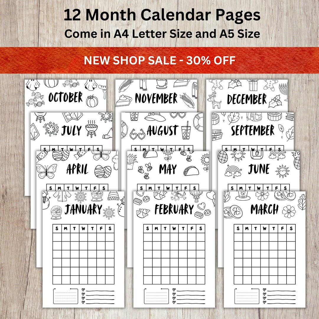 12 Month Calendar Journal Calendar Template Monthly Planner Printable ...