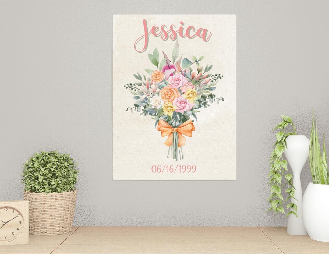 Personalized June Birth Month Flower Bouquet Canvas Wall Art With Name ...