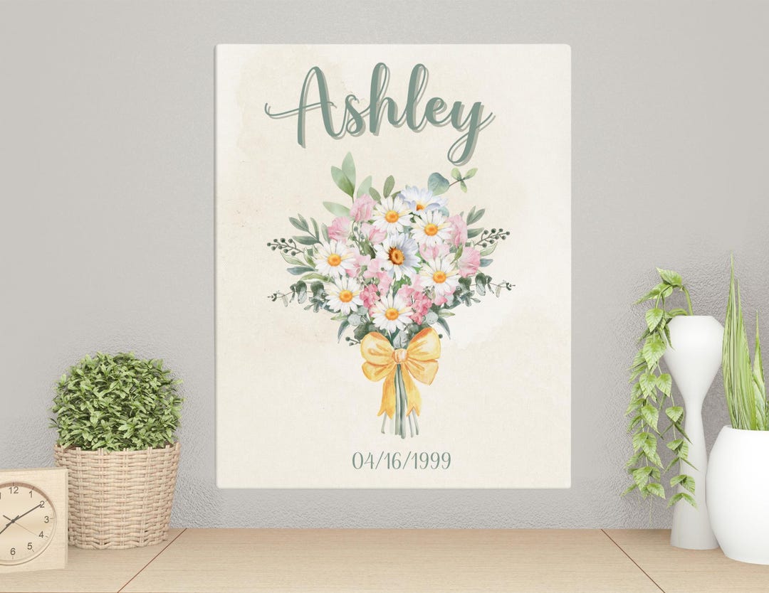 Personalized April Birth Month Flower Bouquet Canvas Wall Art With Name ...